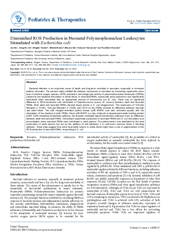 Diminished ROS Production in Neonatal Polymorphonuclear Leukocytes ...