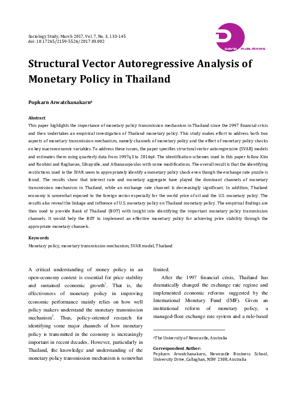 (PDF) Structural Vector Autoregressive Analysis of Monetary Policy in Thailand
