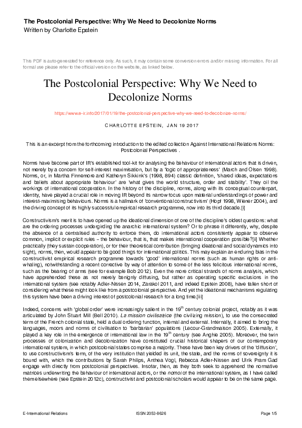 (PDF) The postcolonial perspective : Why we need to decolonize norms