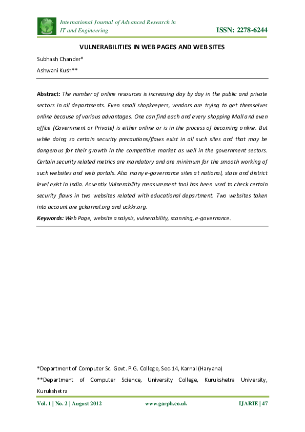 (PDF) Vulnerabilities in Web Pages and Web Sites