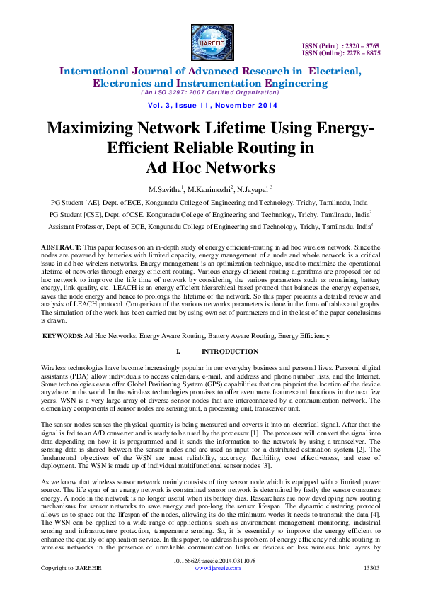 Pdf Maximizing Lifetime Of A Mobile Ad Hoc Network Using Energy Efficient Routing
