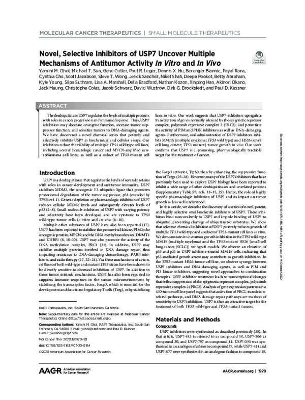 (PDF) Novel, Selective Inhibitors of USP7 Uncover Multiple Mechanisms of Antitumor Activity In ...