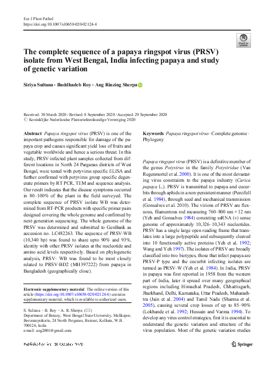 (PDF) The complete sequence of a papaya ringspot virus (PRSV) isolate ...