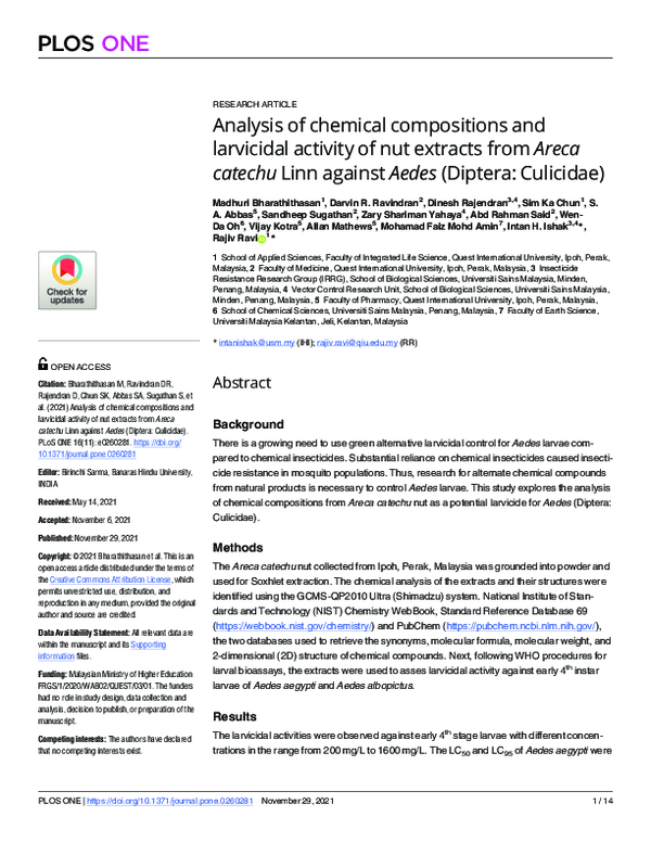 (PDF) Analysis of chemical compositions and larvicidal activity of nut extracts from Areca ...
