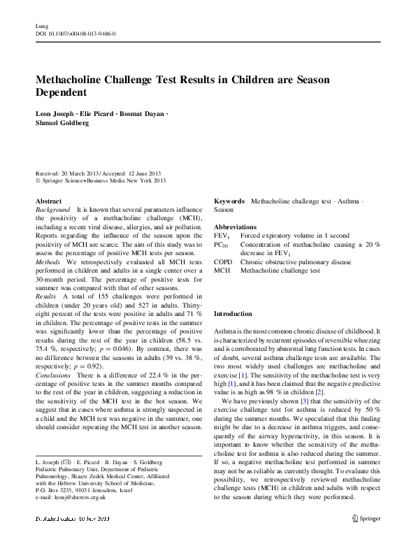 (PDF) Methacholine Challenge Test Results in Children are Season Dependent