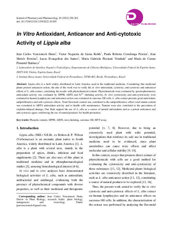 (PDF) In Vitro Antioxidant, Anticancer and Anti-cytotoxic Activity of ...