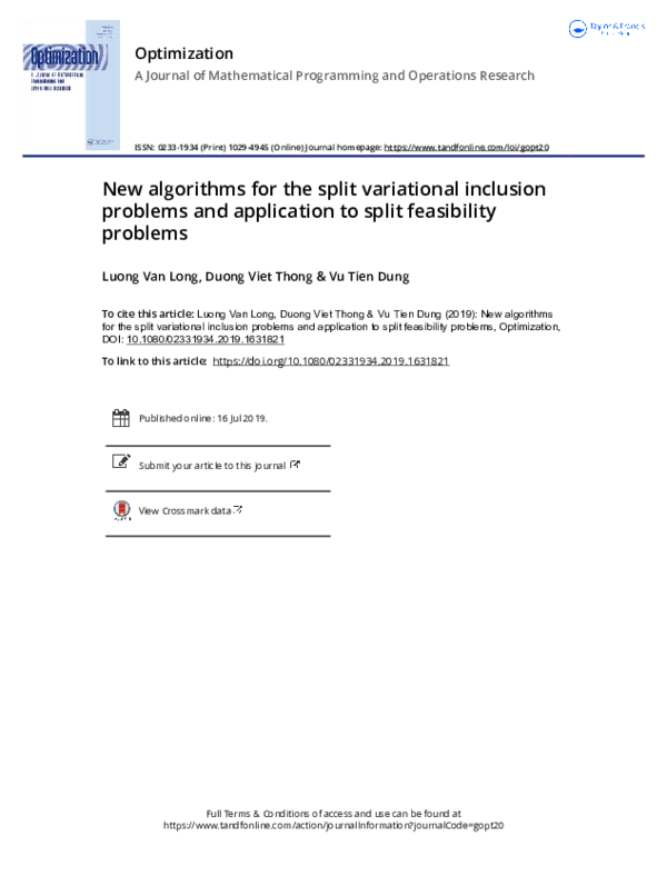 Pdf New Algorithms For The Split Variational Inclusion Problems And Application To Split 