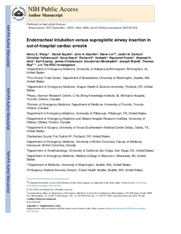 (PDF) Endotracheal Intubation versus Supraglottic Airway Insertion in Out-of-hospital Cardiac Arrest