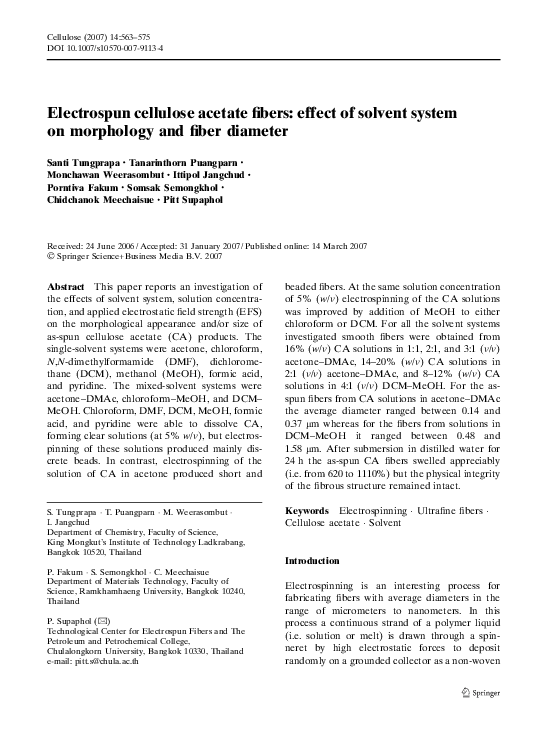 (PDF) Electrospun cellulose acetate fibers: effect of solvent system on morphology and fiber ...