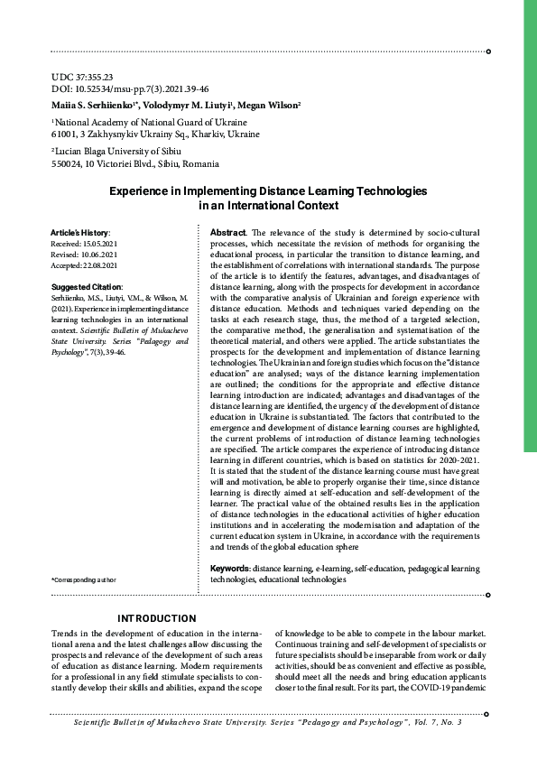 (PDF) Experience in Implementing Distance Learning Technologies in an International Context
