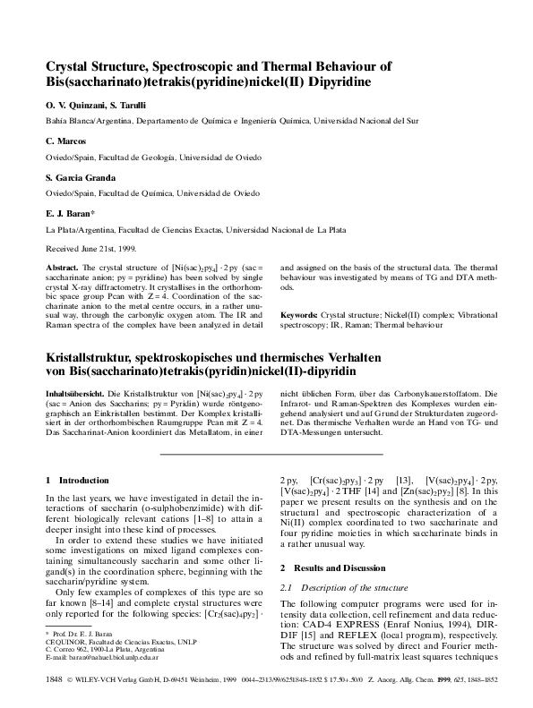 (PDF) Crystal Structure, Spectroscopic and Thermal Behaviour of Bis(saccharinato)tetrakis ...