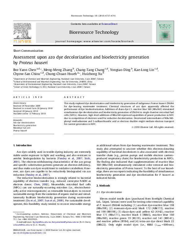 (PDF) Assessment upon azo dye decolorization and bioelectricity ...