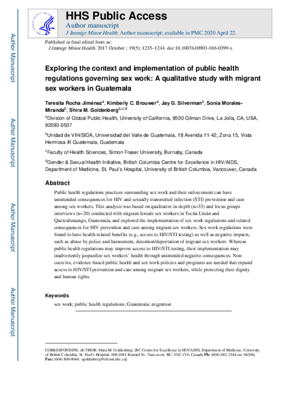 Pdf Exploring The Context And Implementation Of Public Health Regulations Governing Sex Work