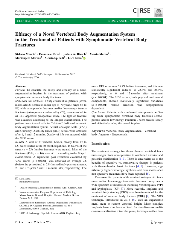 Efficacy of a Novel Vertebral Body Augmentation System in the Treatment ...