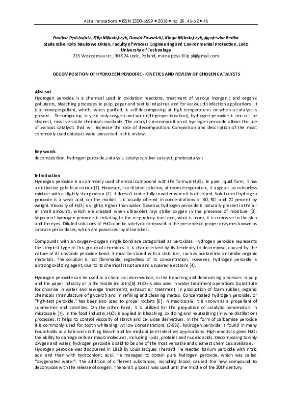 (PDF) Decomposition of hydrogen peroxide - kinetics and review of ...