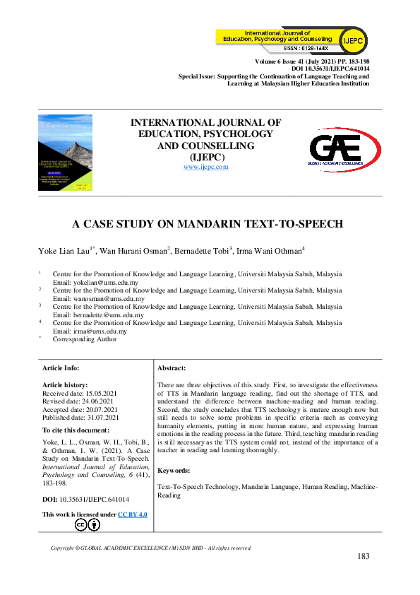 (PDF) A Case Study on Mandarin Text-To-Speech