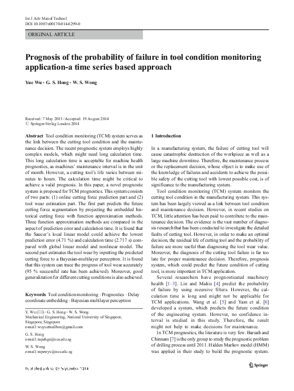 (PDF) Prognosis of the probability of failure in tool condition monitoring application-a time ...