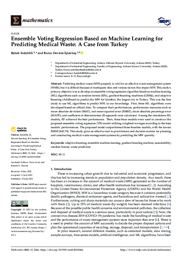 (PDF) Ensemble Voting Regression Based on Machine Learning for Predicting Medical Waste: A Case ...