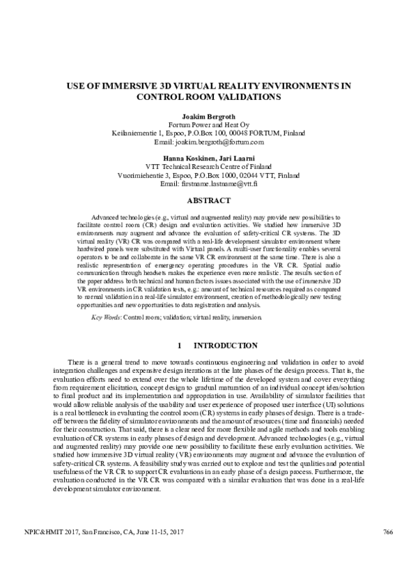 (PDF) Use of Immersive 3-D Virtual Reality Environments in Control Room Validations