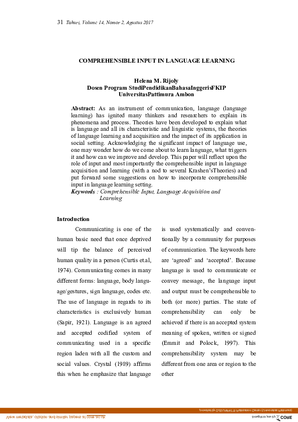 (PDF) Comprehensible Input in Language Learning | Helena M . Rijoly - Academia.edu