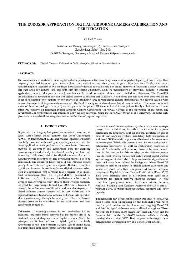 (PDF) The EuroSDR approach on digital airborne camera calibration and certification