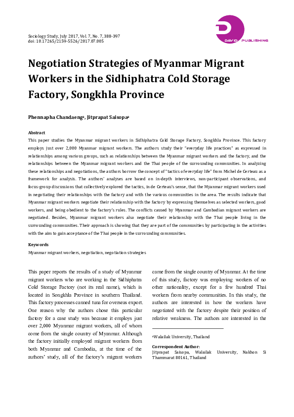 (PDF) Negotiation Strategies of Myanmar Migrant Workers in the ...