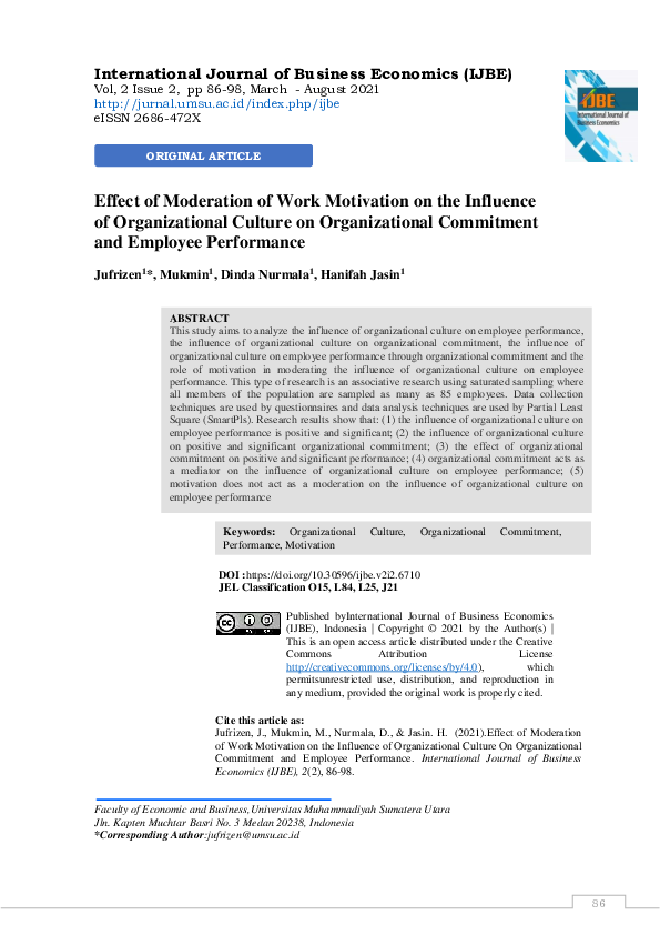 (PDF) Effect of Moderation of Work Motivation on the Influence of Organizational Culture On ...
