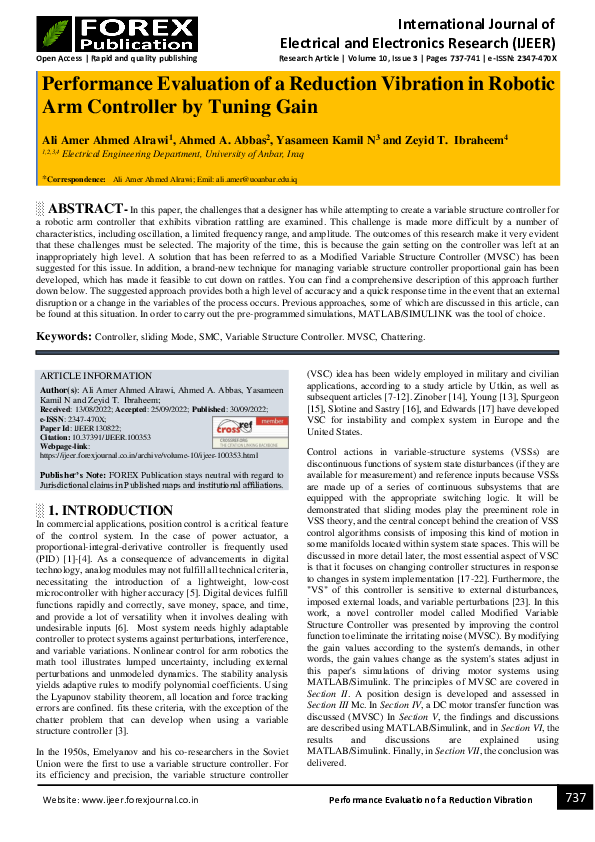 Pdf Performance Evaluation Of A Reduction Vibration In Robotic Arm