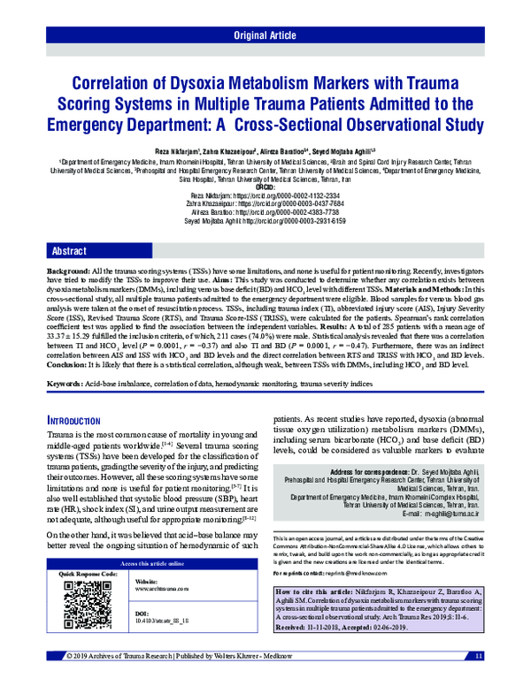 (PDF) Correlation of dysoxia metabolism markers with trauma scoring ...
