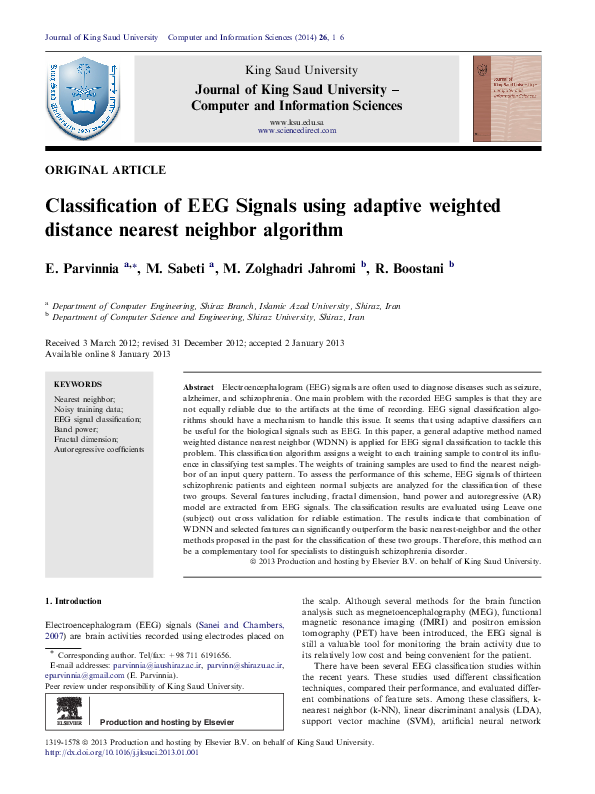 (PDF) Classification of EEG Signals using adaptive weighted distance nearest neighbor algorithm