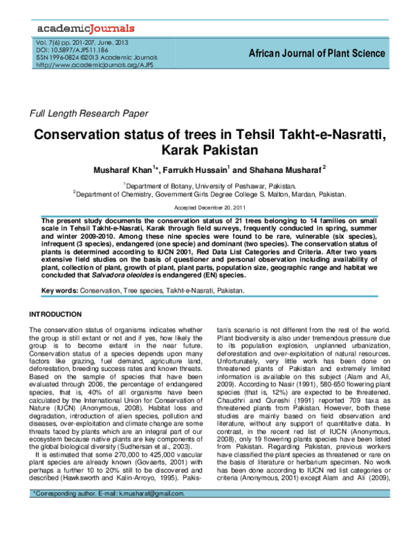 (PDF) Conservation status of trees in Tehsil Takht-e-Nasratti, Karak ...