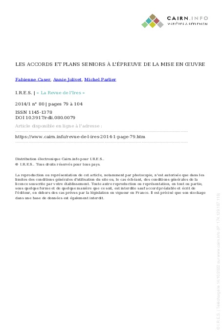(PDF) Les accords et plans seniors à l'épreuve de la mise en ?uvre | Fabienne Caser - Academia.edu