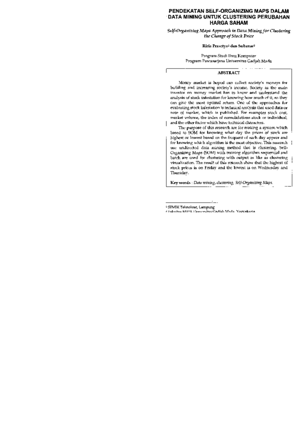 (PDF) Pendekatan self-organizing maps dalam data mining untuk clustering perubahan harga saham ...