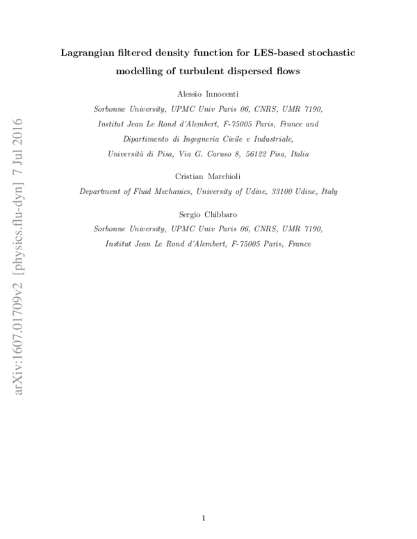 (PDF) Lagrangian filtered density function for LES-based stochastic modelling of turbulent ...
