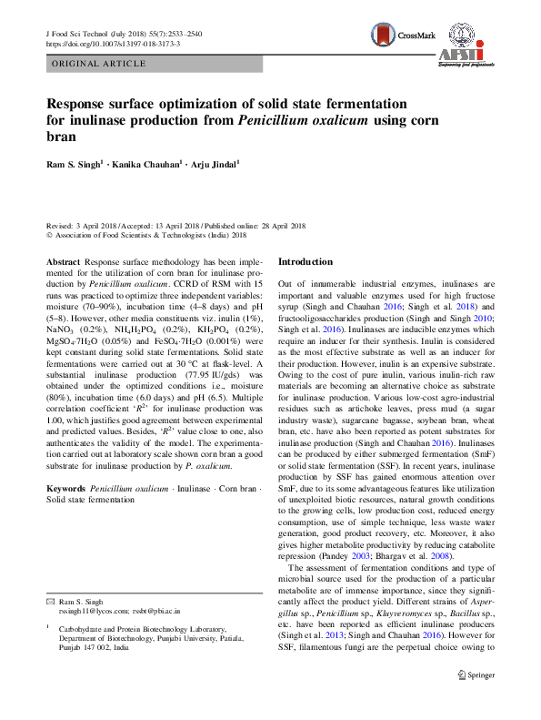 (PDF) {"__content__"=>"Response surface optimization of solid state fermentation for inulinase ...