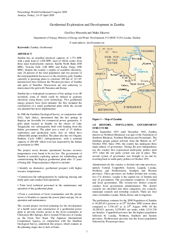 (PDF) Geothermal Exploration and Development in Zambia