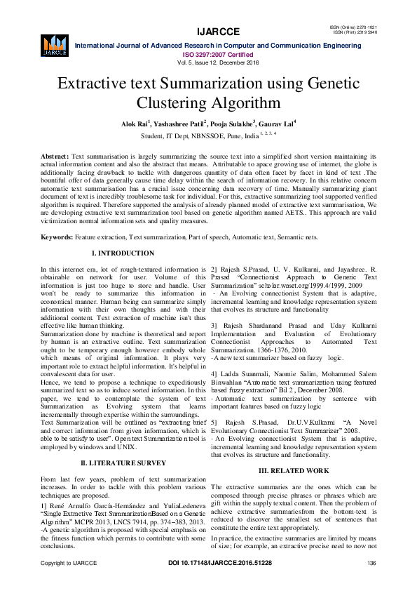 (PDF) Extractive text Summarization using Genetic Clustering Algorithm