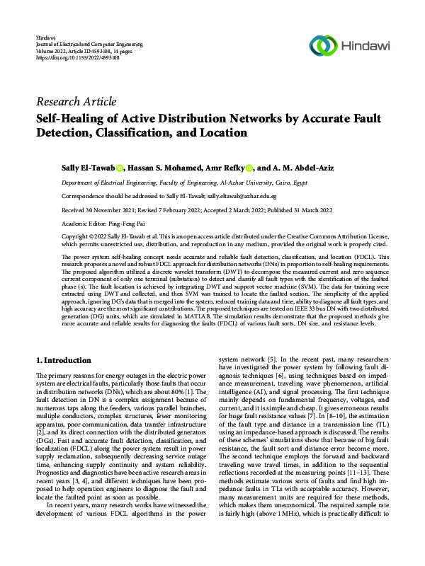 (PDF) Self-Healing of Active Distribution Networks by Accurate Fault Detection, Classification ...