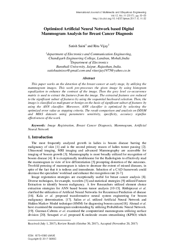 Pdf Optimized Artificial Neural Network Based Digital Mammogram