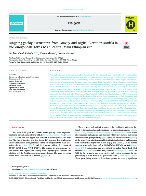 (PDF) Mapping geologic structures from Gravity and Digital Elevation Models in the Ziway-Shala ...