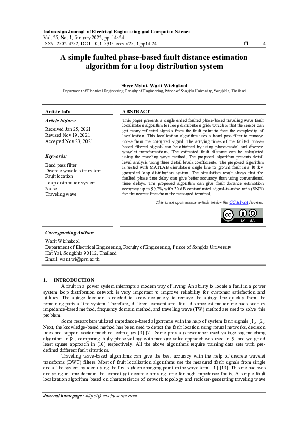 Pdf A Simple Faulted Phase Based Fault Distance Estimation Algorithm For A Loop Distribution