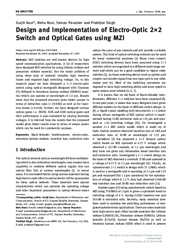 (PDF) Design and Implementation of Electro-Optic 2×2 Switch and Optical ...