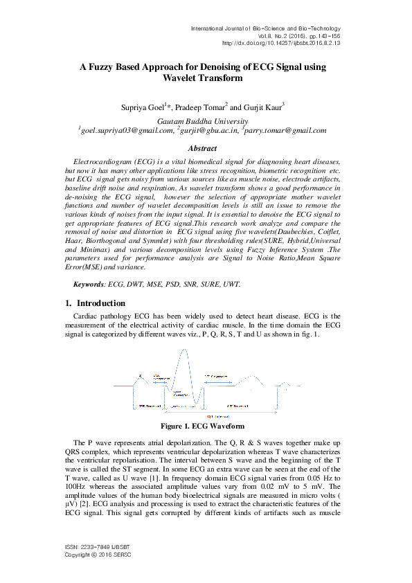 Pdf A Fuzzy Based Approach For Denoising Of Ecg Signal Using Wavelet