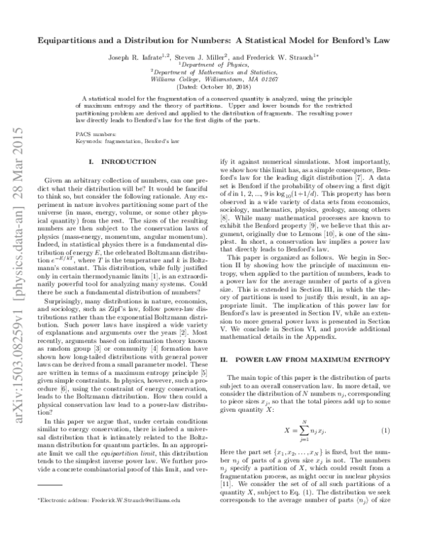 (PDF) Equipartitions and a distribution for numbers: A statistical model for Benford's law