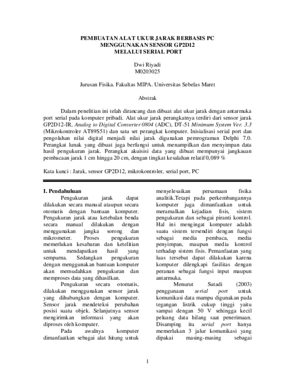 (PDF) Pembuatan Alat Ukur Jarak Berbasis PC Menggunakan Sensor GP2D12 Melalui Serial Port | dwi ...