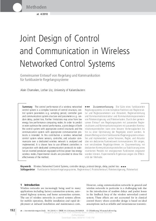 (PDF) Joint Design of Control and Communication in Wireless Networked Control Systems ...