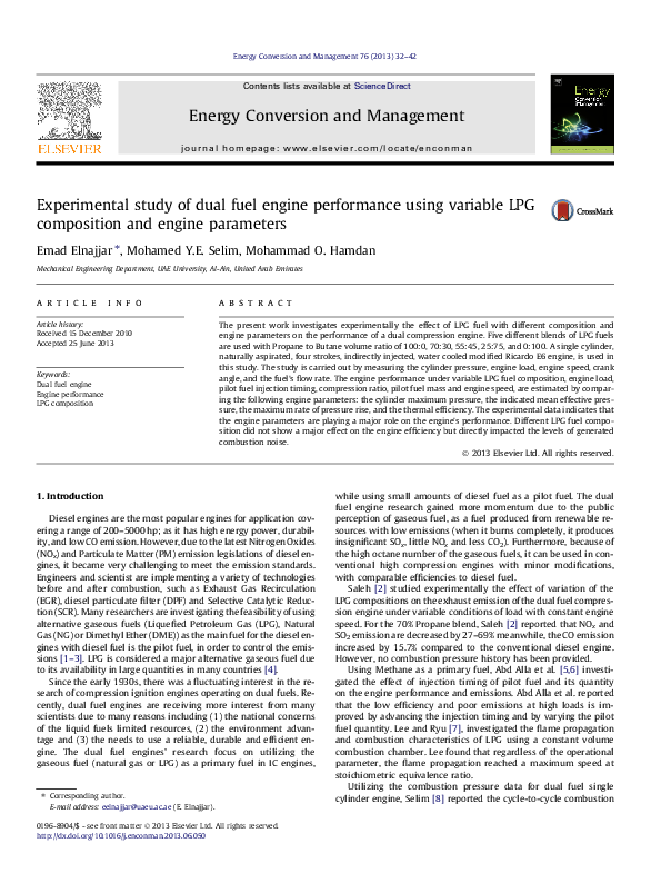 (PDF) Experimental study of dual fuel engine performance using variable LPG composition and ...