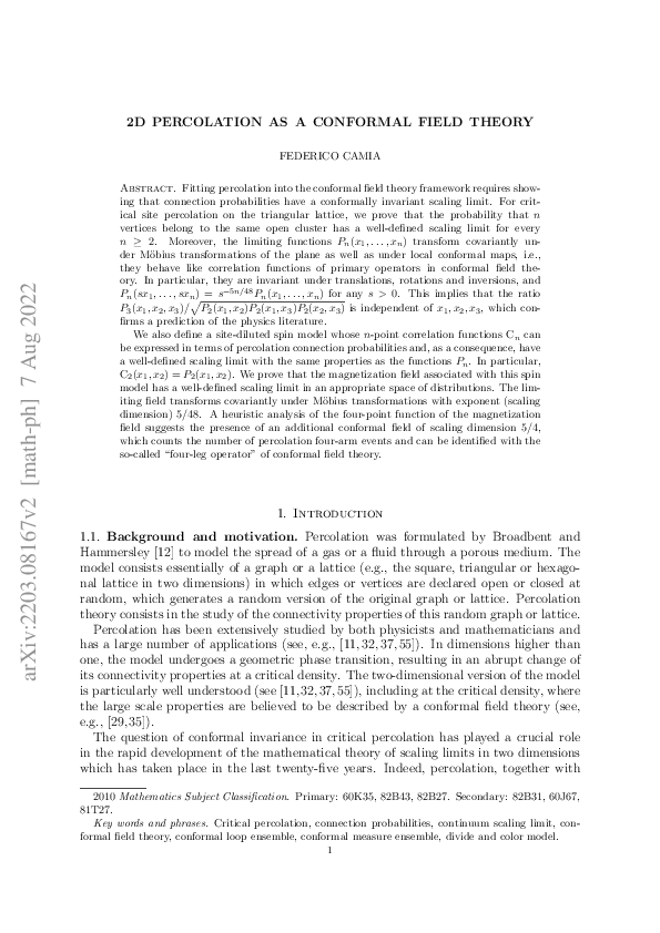Pdf 2d Percolation As A Conformal Field Theory