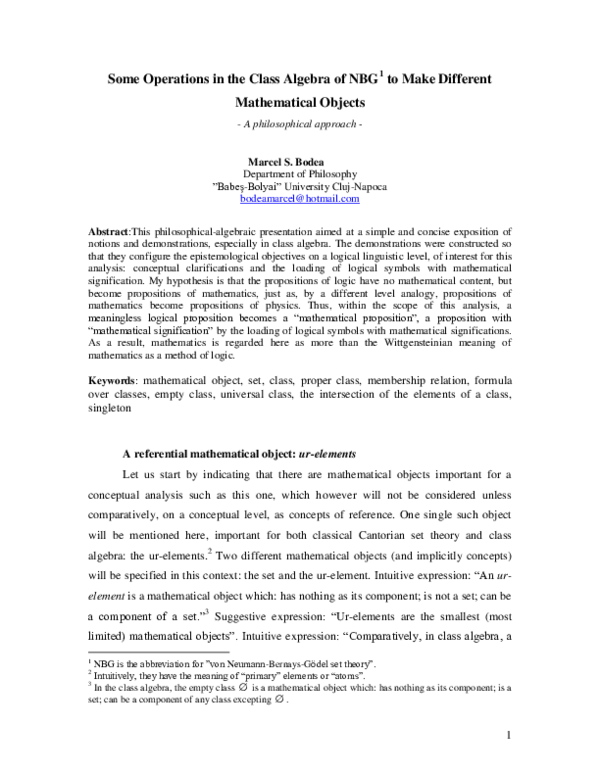 (PDF) Some Operations in the Class Algebra of NBG 1 to Make Different Mathematical Objects-A ...