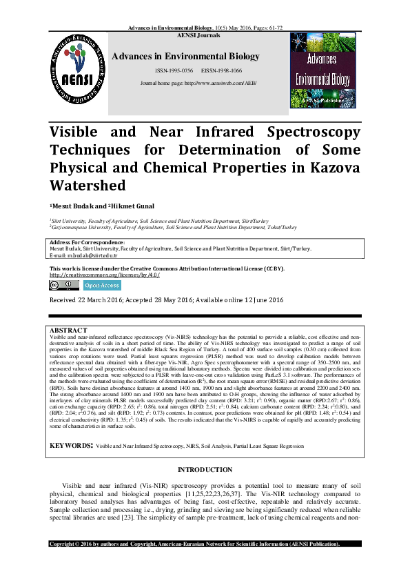 (PDF) Visible and Near Infrared Spectroscopy Techniques for Determination of Some Physical and ...